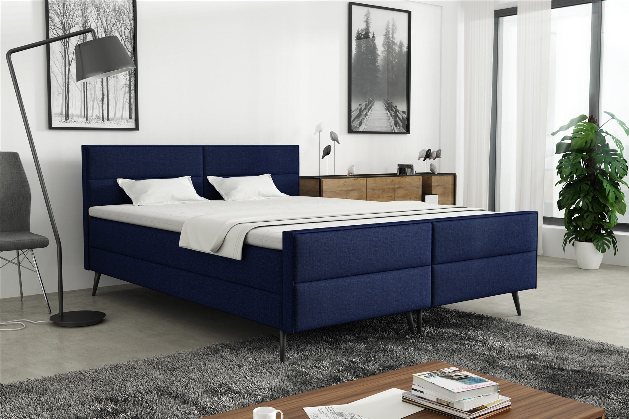 Boxspringbett Schlafzimmerbett GRANADA 200x200cm Stoff Fancy Dunkelblau ...