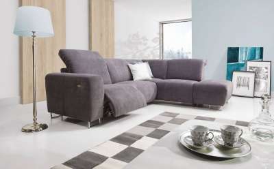 Ecksofa Sofa CAPRI Polyesterstoff Grau Ottomane Rechts Fun Mobel