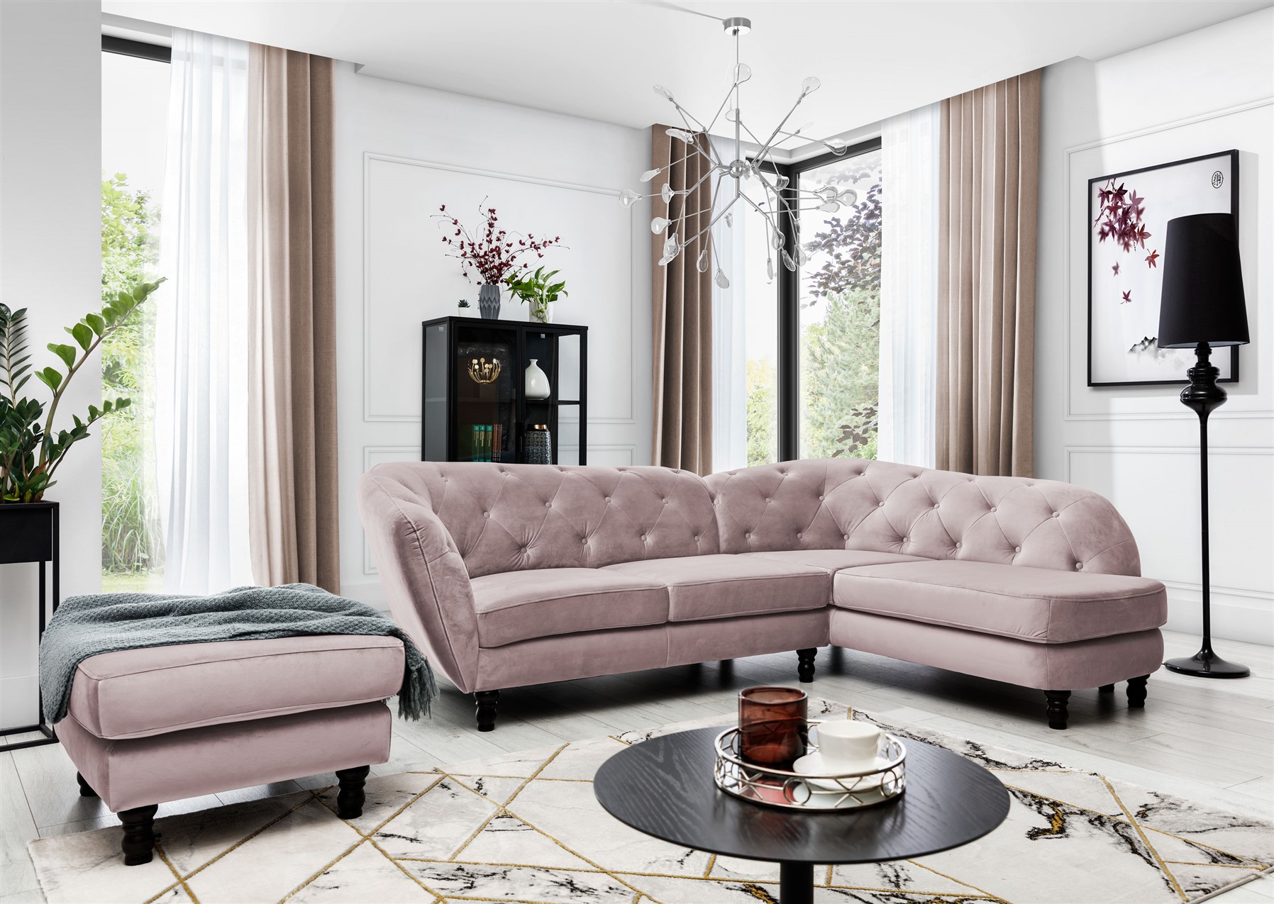 Ecksofa inkl.Hocker CHARLOTTE in Stoff Matt Velvet Altrosa Ottomane ...