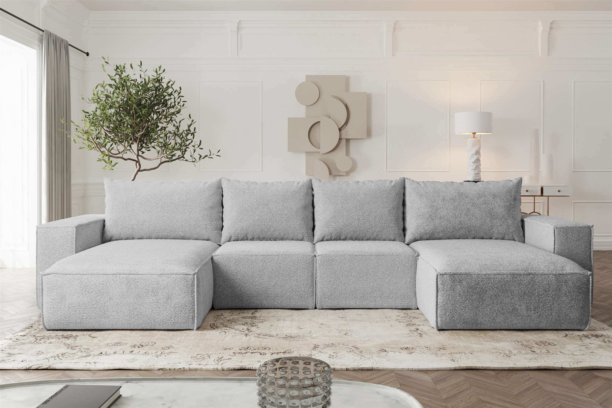 Wohnlandschaft U-Form Sofa ESTELLE in Stoff Abriamo Hellgrau ...