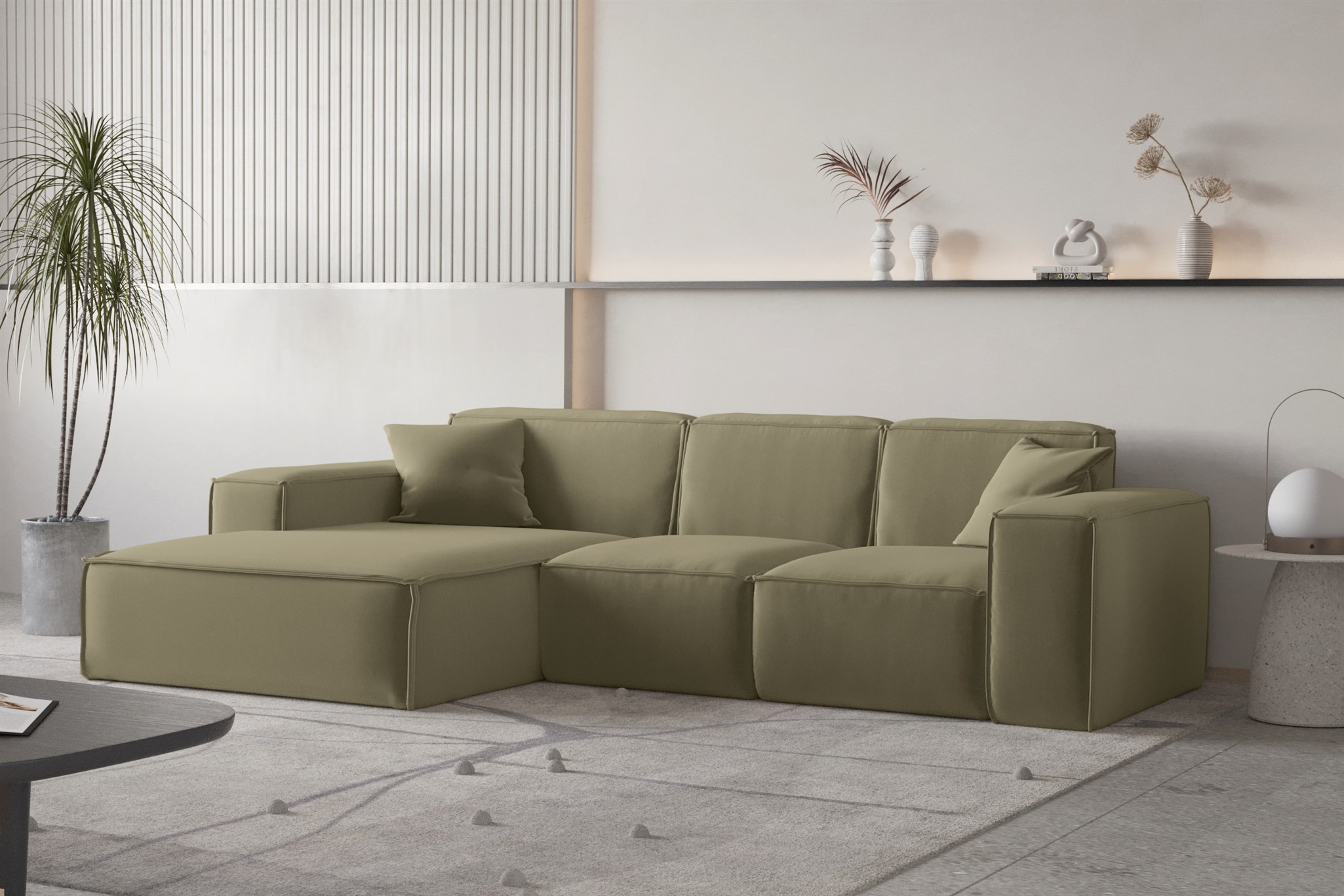 Ecksofa Designersofa CELES PREMIUM Stoff Opera Velvet Olivgrün Ottomane ...