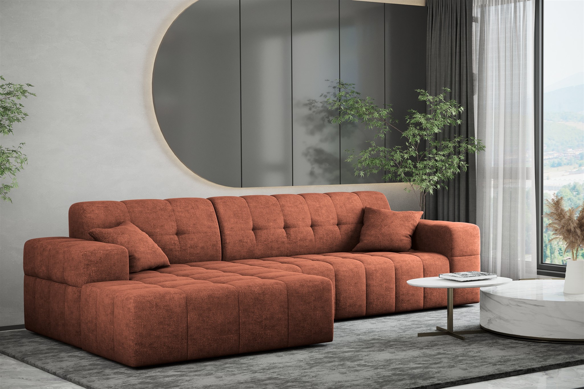 Ecksofa Designersofa NANCY in Stoff Perfekt Harmony Rostbraun Ottomane ...