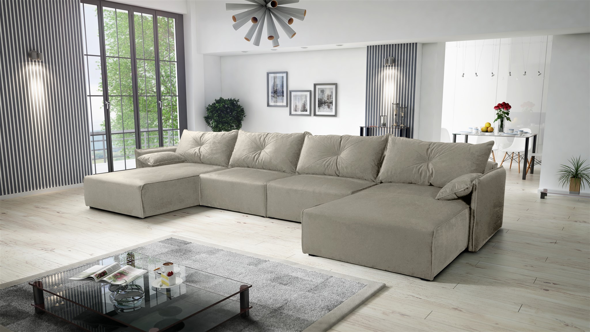 Wohnlandschaft U-Form mit Schlaffunktion HUNTER in Stoff Royal Graubeige | Wohnlandschaft mit ...