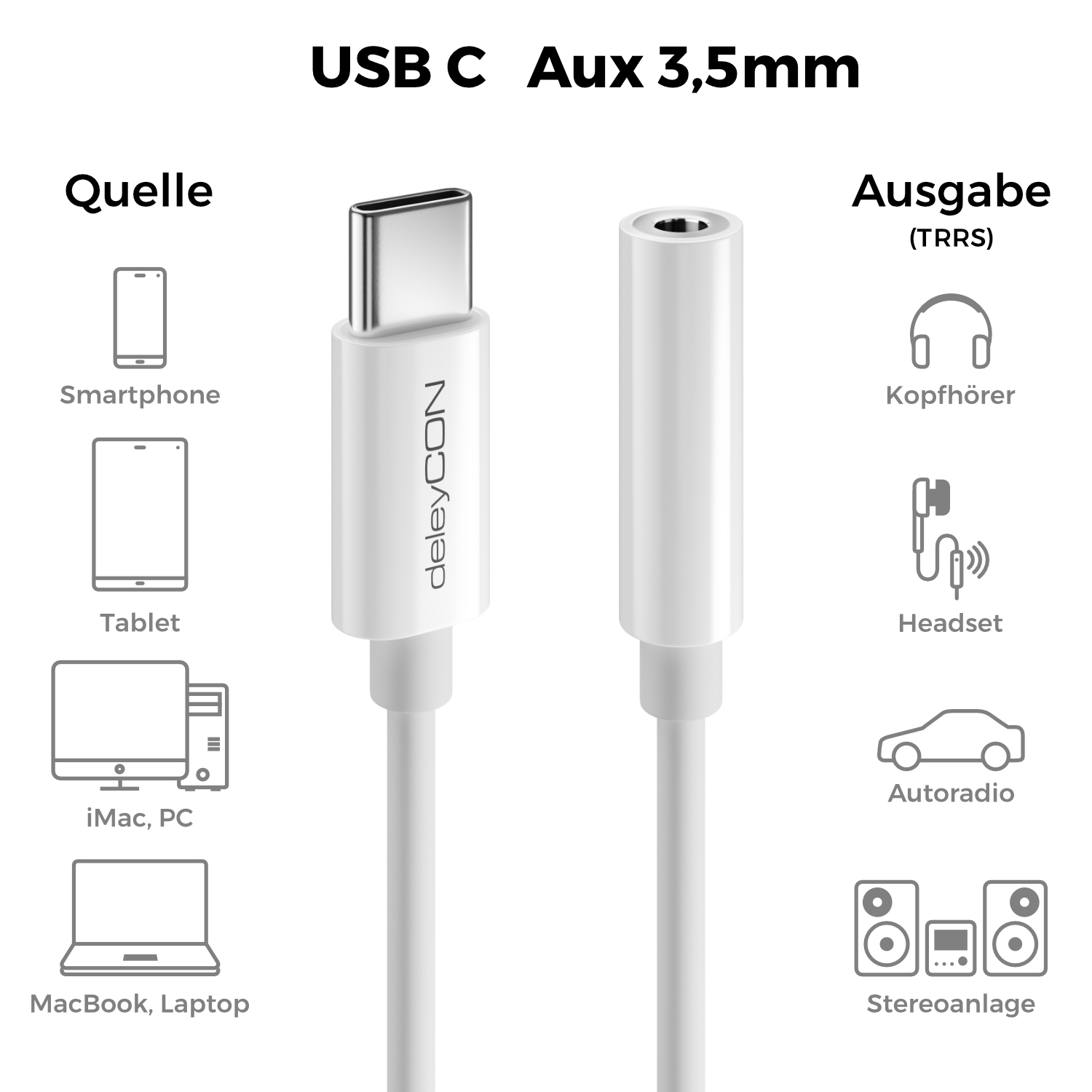 deleyCON USB-C auf 3,5mm Audio Adapter (DAC, TRRS, Typ-C Stecker, Weiß ...