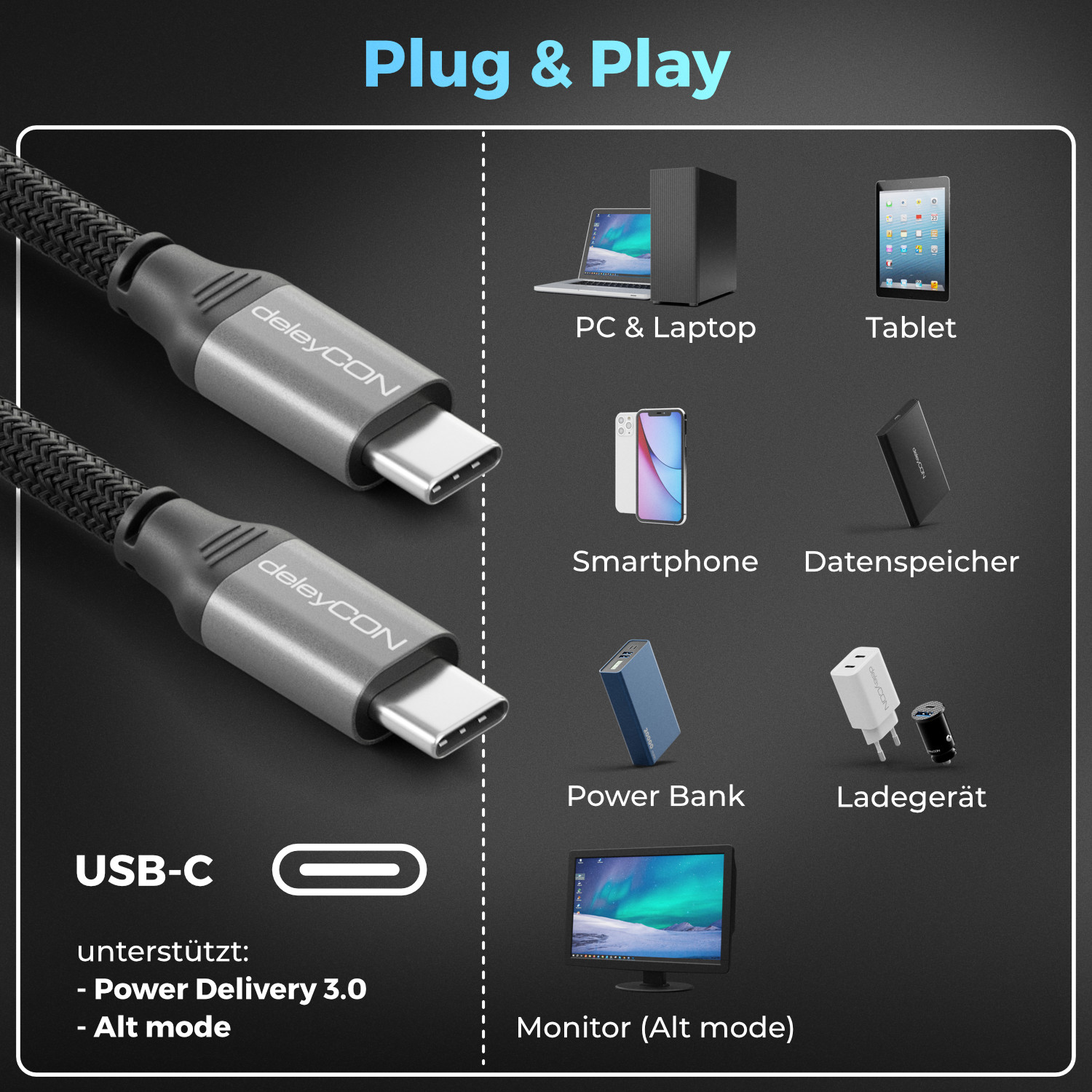 deleyCON 0,30m USB-C Kabel USB3.2 Gen2 (10Gbit/s, 100W, 4K60Hz) iPhone/Samsung/iPad | USB C (NEU ...