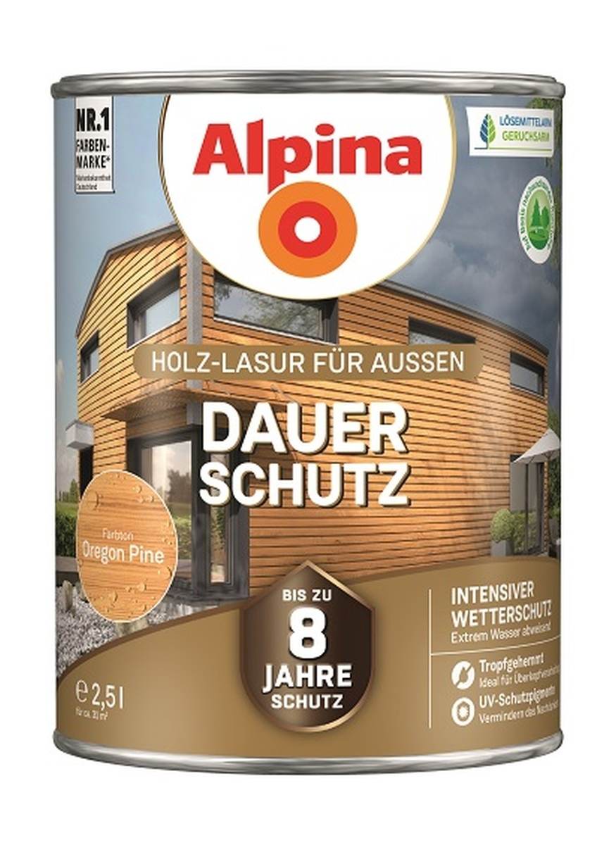 Alpina Dauer-Schutz, Holzlasur für Aussen, 2,5 l, verschiedene Farben | Oregon Pine | ALPINA_951126