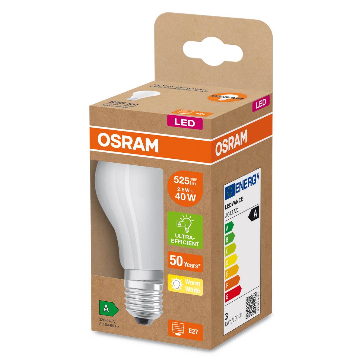Osram LED UE Classic A40, sehr effiziente LED Lampe, 2,5W = 40W, 525 lm, E27, 3000 K, Frosted ...